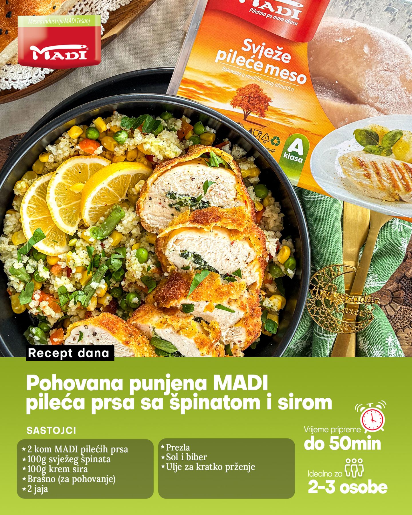 Pohovana punjena madi pileća prsa sa špinatom i sirom – MADI d.o.o. Tešanj
