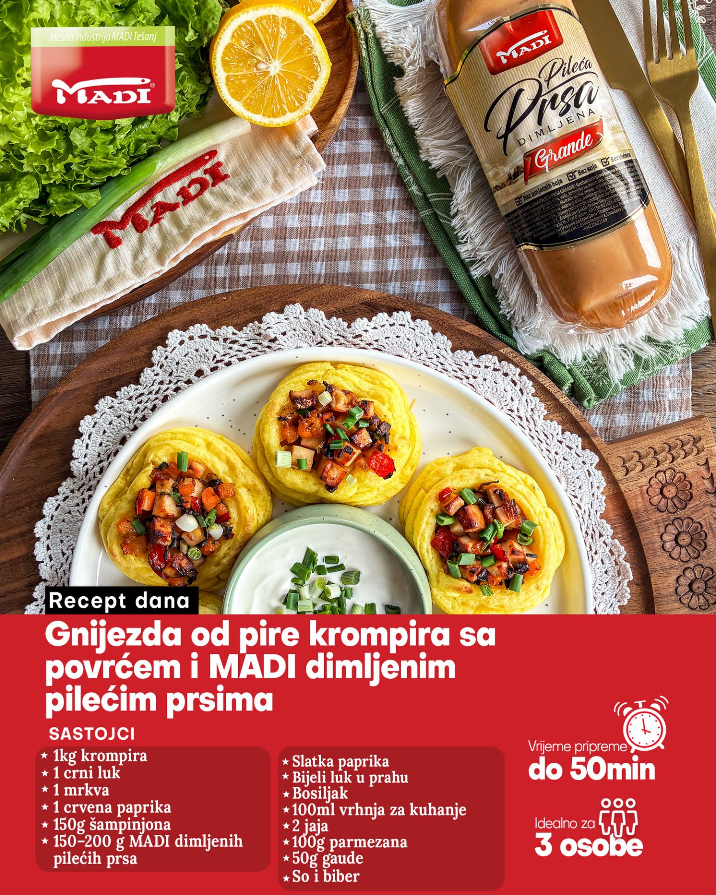 Gnijezda od pire krompira sa povrćem i MADI dimljenim pilećim prsima ...